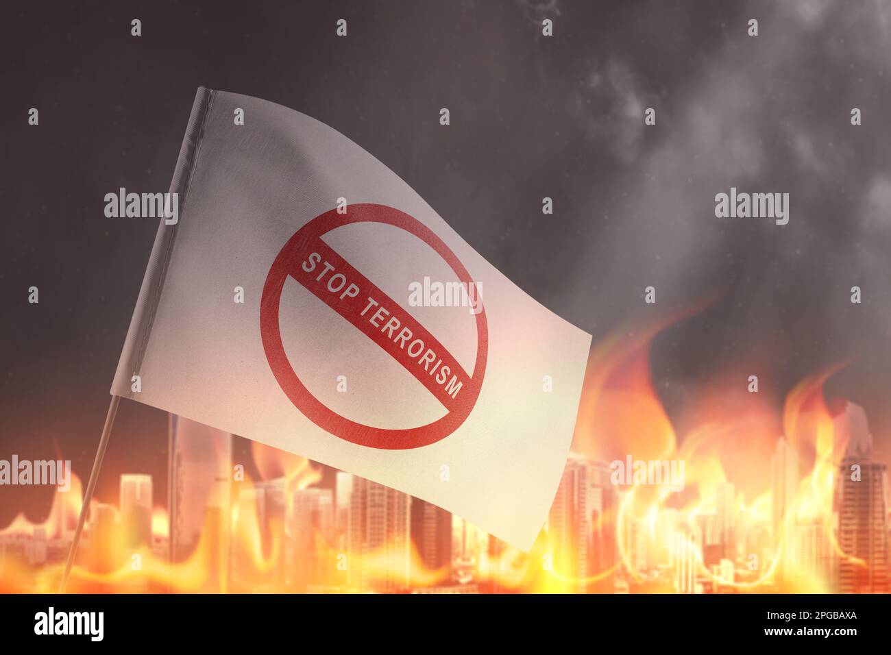 White flag with stop terrorism sign with ruined city background Stock ...