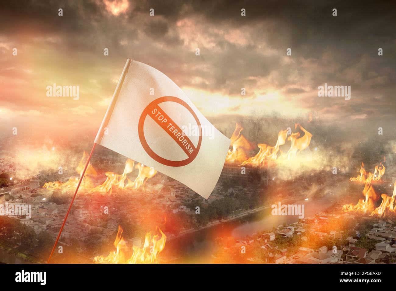 White flag with stop terrorism sign with ruined city background Stock ...