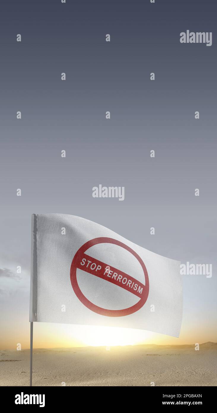 White flag with stop terrorism sign with sky background Stock Photo - Alamy
