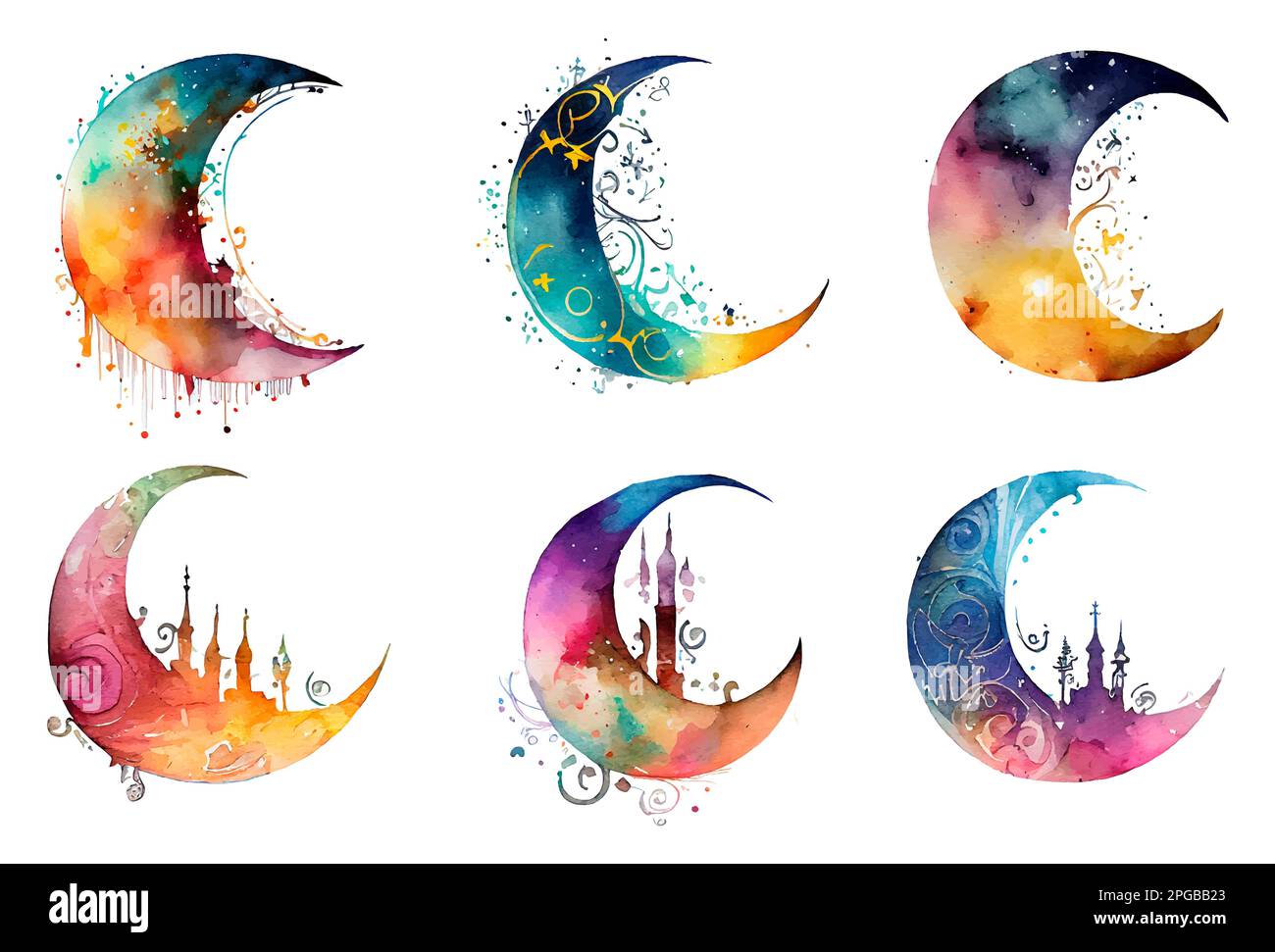 set watercolor vector illustration of muslim crescent ramadan concept ...