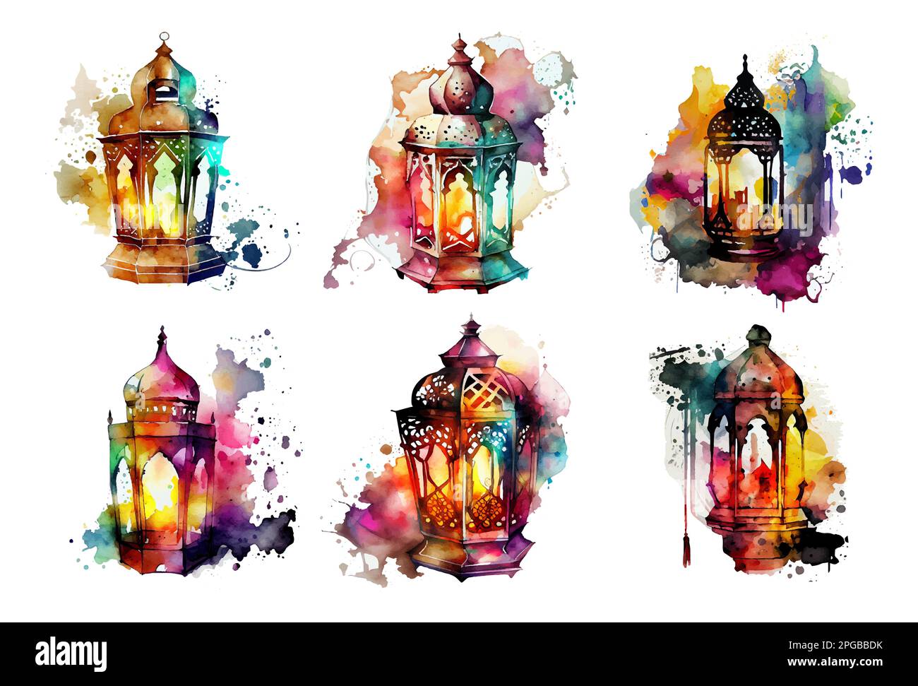 set watercolor vector illustration of muslim lantern ramadan concept ...