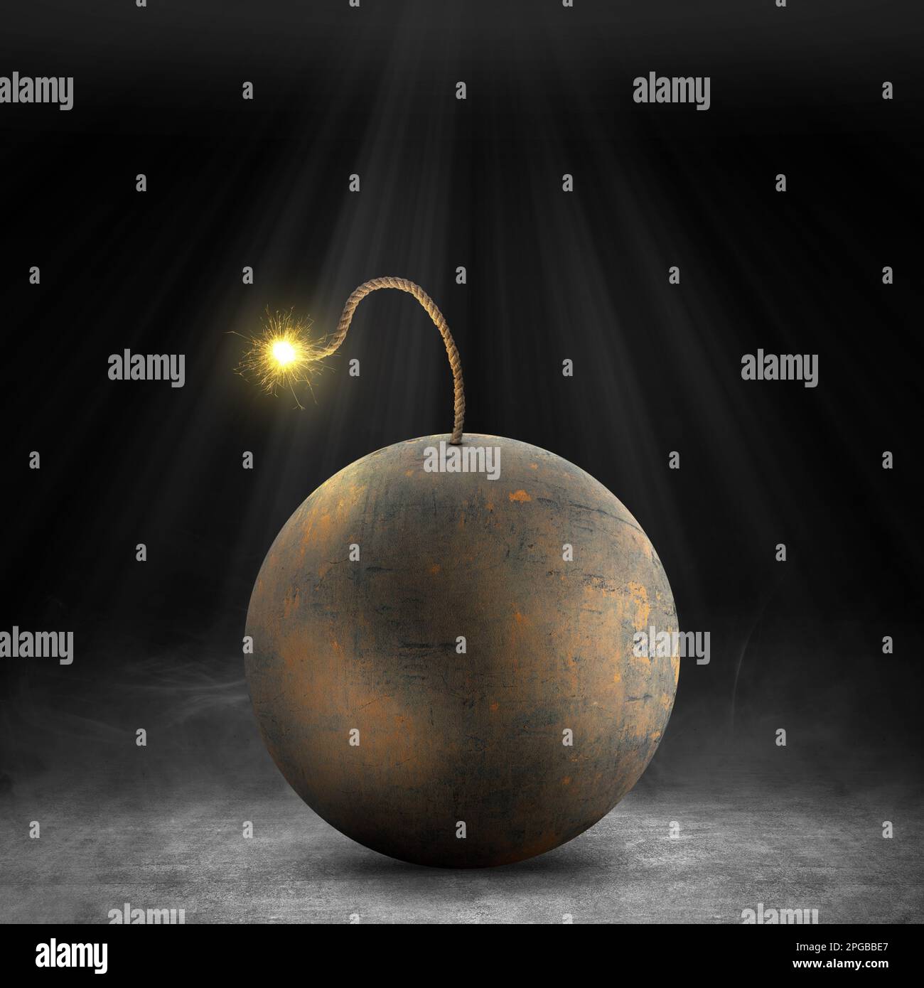 Ball bomb with a burning fuse on dark background Stock Photo - Alamy