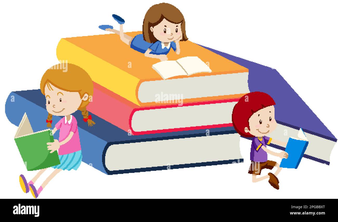 Pile of books with children characters illustration Stock Vector Image ...
