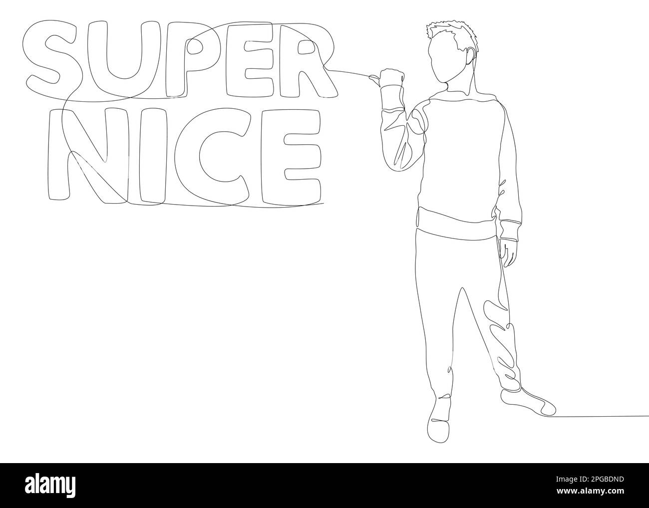 One Continuous Line Of Man Pointing With Finger At Super Nice Word