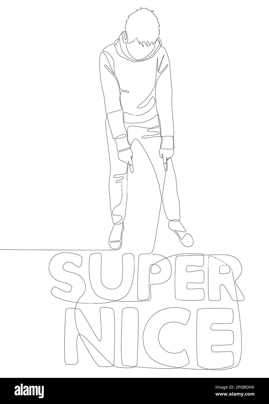 One continuous line of Man pointing with finger at Super Nice word ...