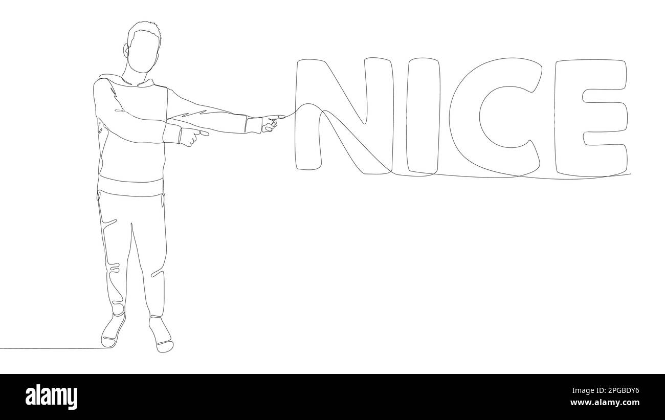 One Continuous Line Of Man Pointing With Finger At Nice Word Thin Line