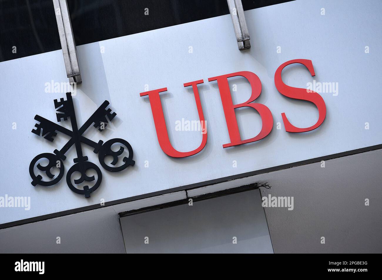 New York, USA. 21st Mar, 2023. Investment banking company UBS logo at ...