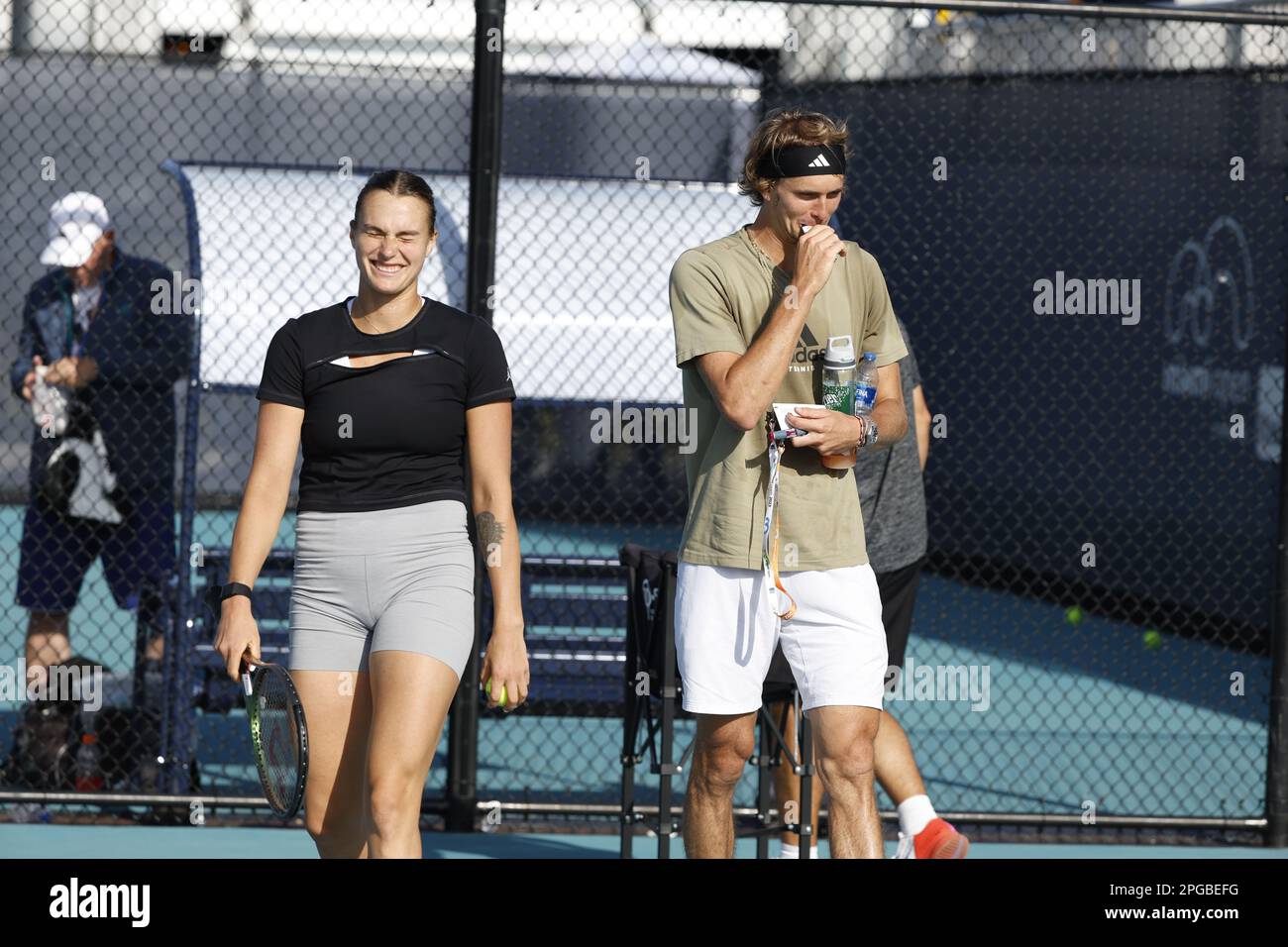 MIAMI GARDENS, FLORIDA - MARCH 21: Aryna Sabalenka, Alexander Zverev during practice on Day 3 of ...