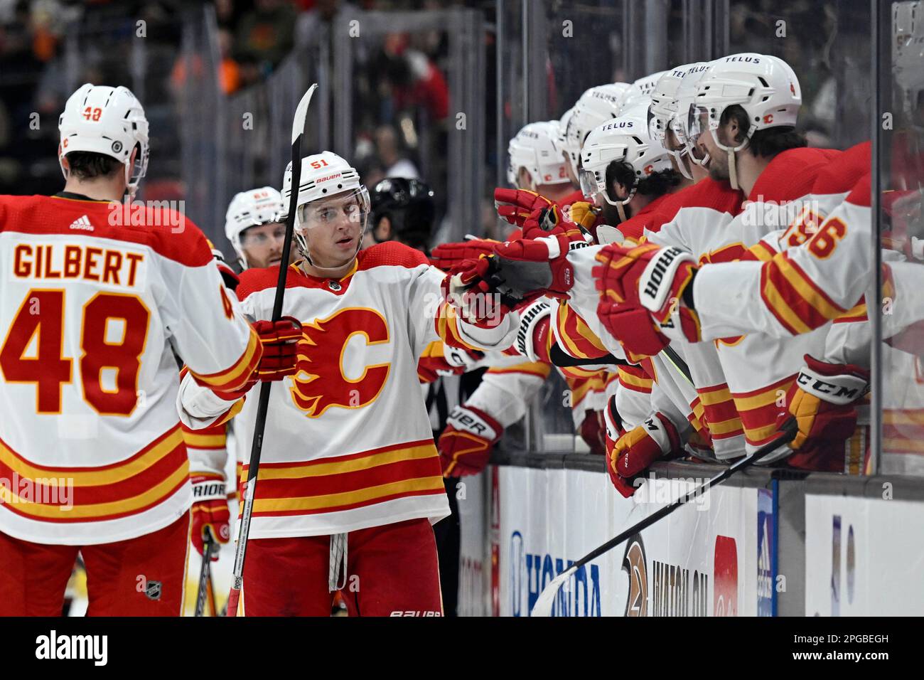 Calgary Flames defenseman Troy Stecher (51) celebrates with teammates ...