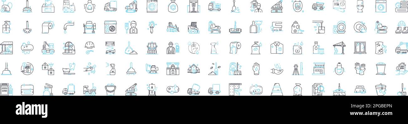 House cleaning vector line icons set. Mop, Vacuum, Dust, Wipe, Sweep, Scrub, Disinfect ...