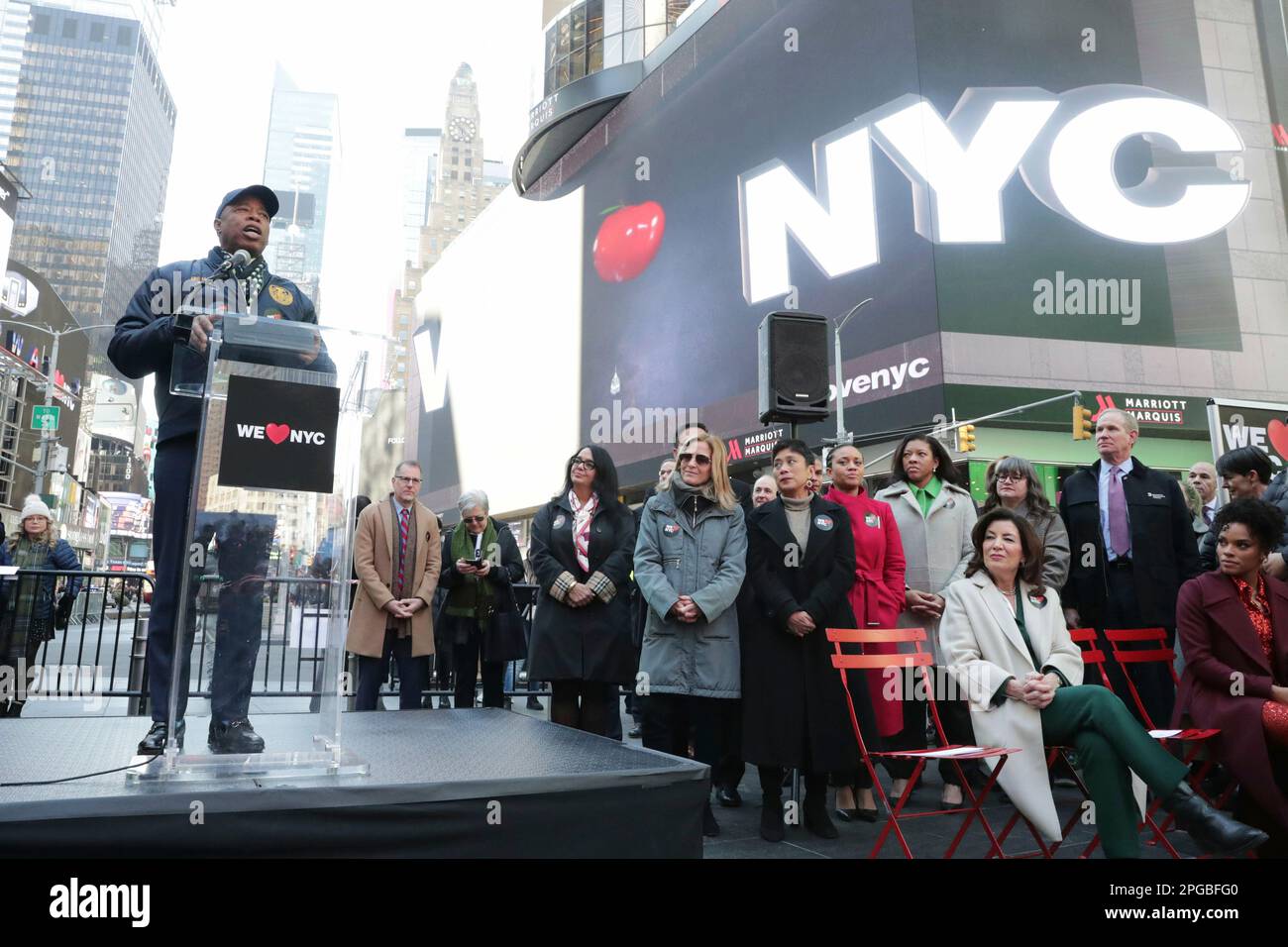 Times Square, New York, USA, March 20, 2023 - Mayor Eric Adams speaks while launching a campaign ...