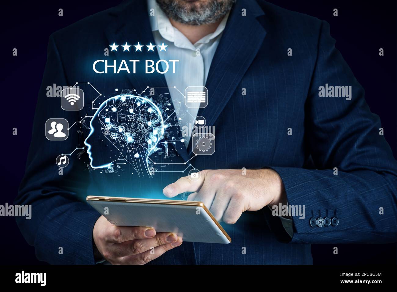 Artificial intelligence, AI chat bot concept. Businessman hands using ...