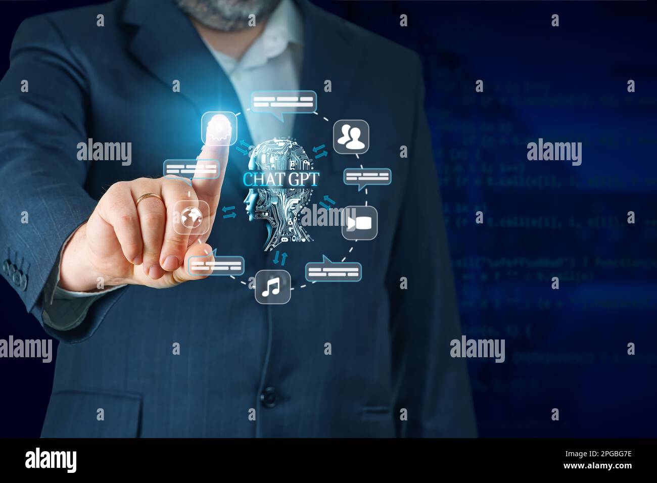 Artificial Intelligence in Bot Chat. Businessman using Ai chatbot in ...