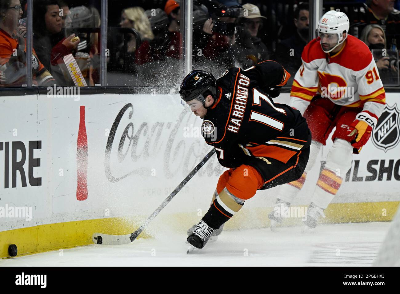 Anaheim Ducks defenseman Scott Harrington, left, clears the puck away ...