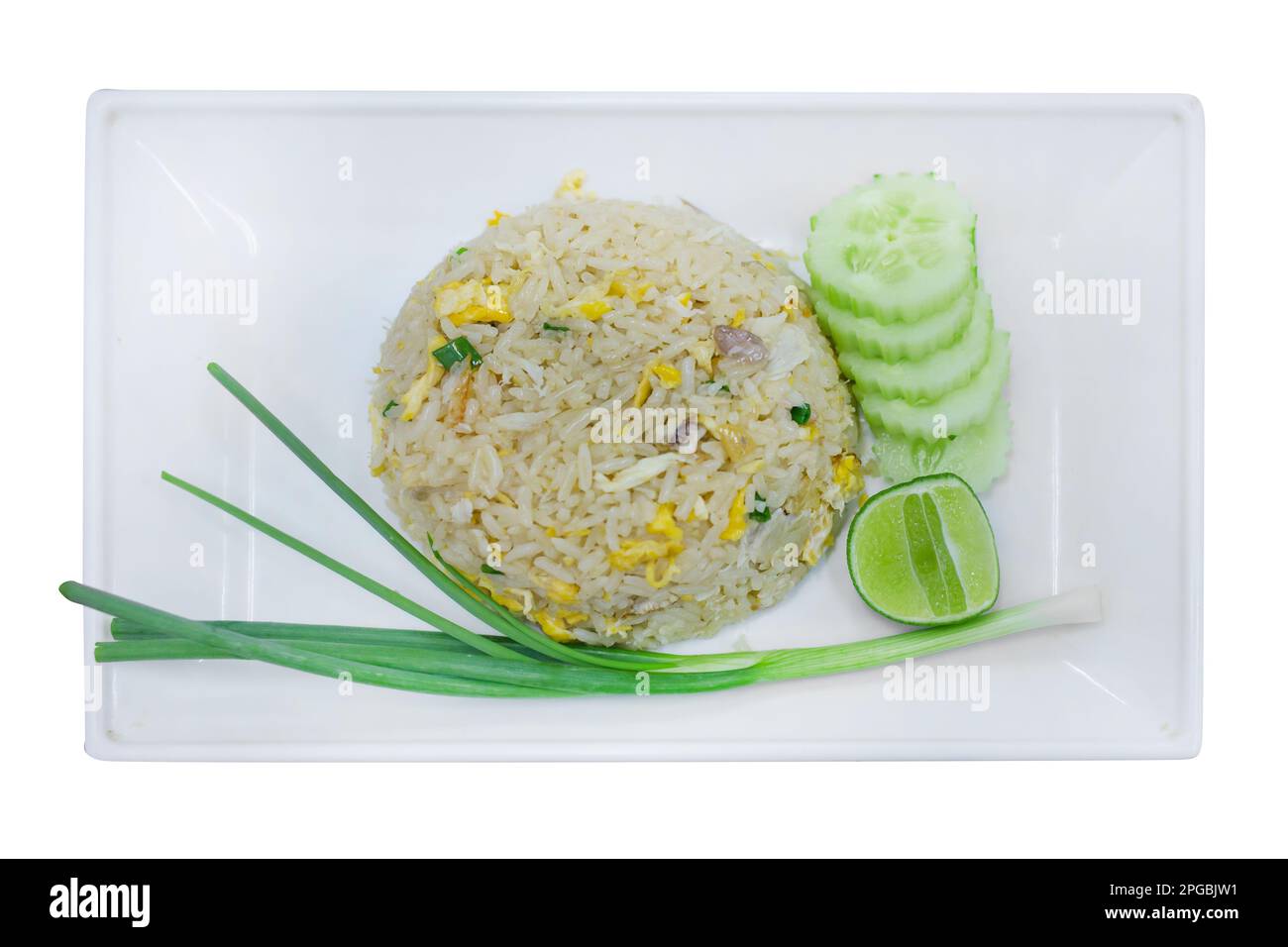 Die cut of fried rice with crab with cucumber slice Thai cuisine on ...