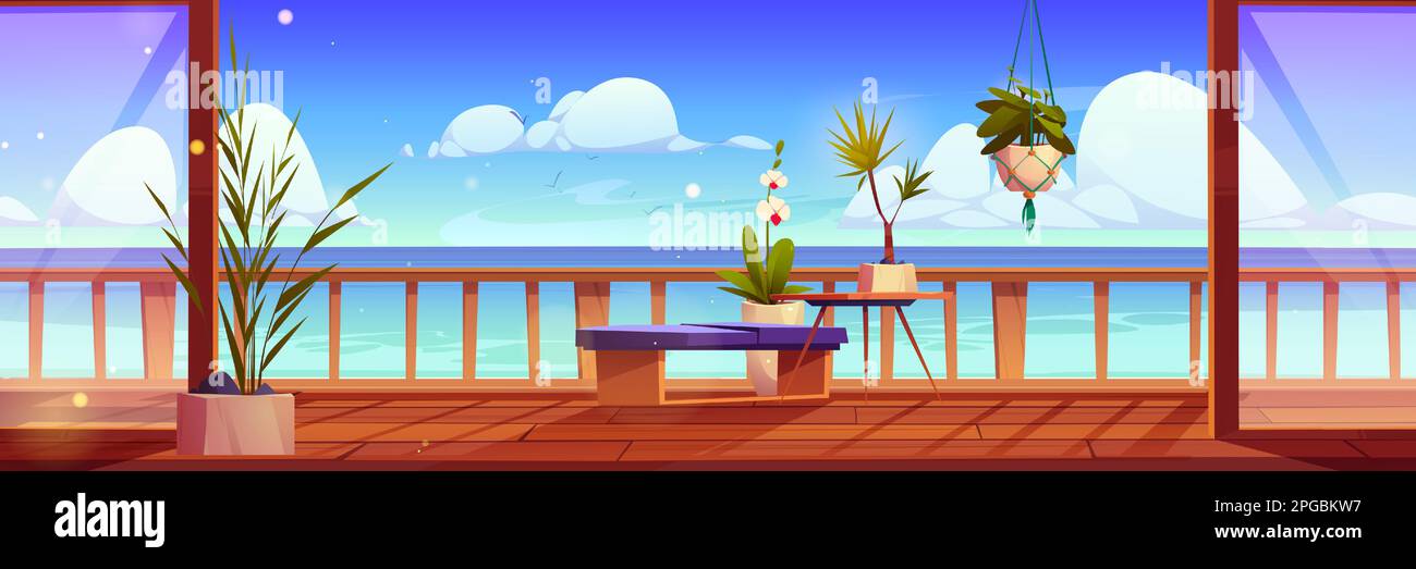 Open balcony glass window with sea view vector background. Door on ...