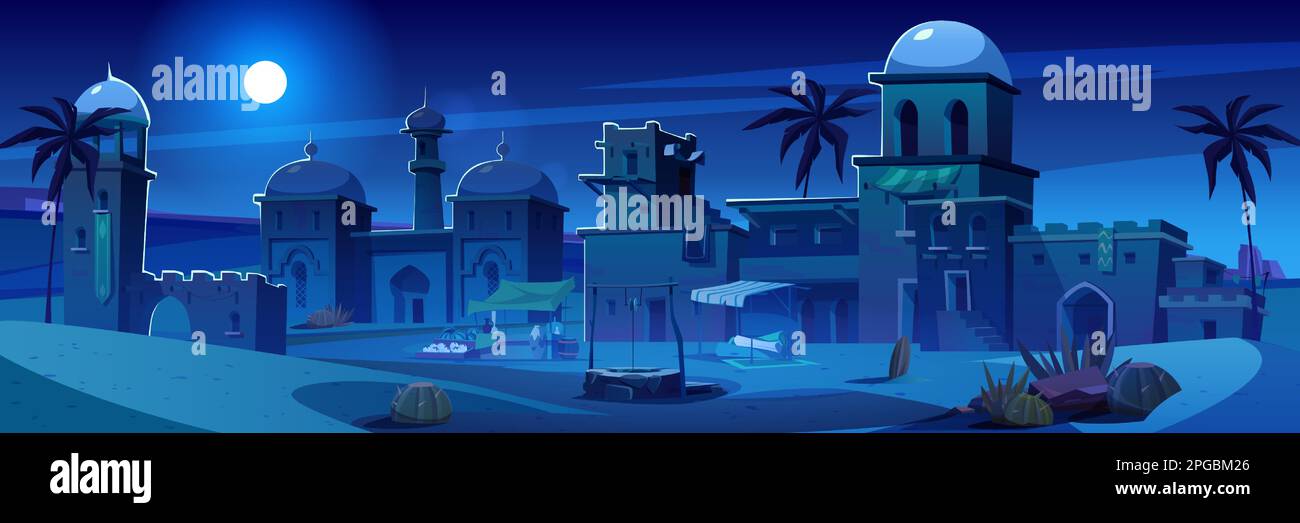 Night ancient arab city in desert cartoon landscape. Dark old arabian ...