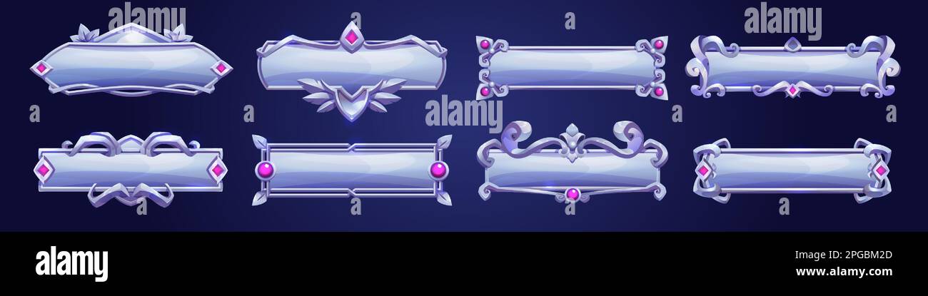 Buttons with fantasy frame for game UI design. Silver banners or title ...