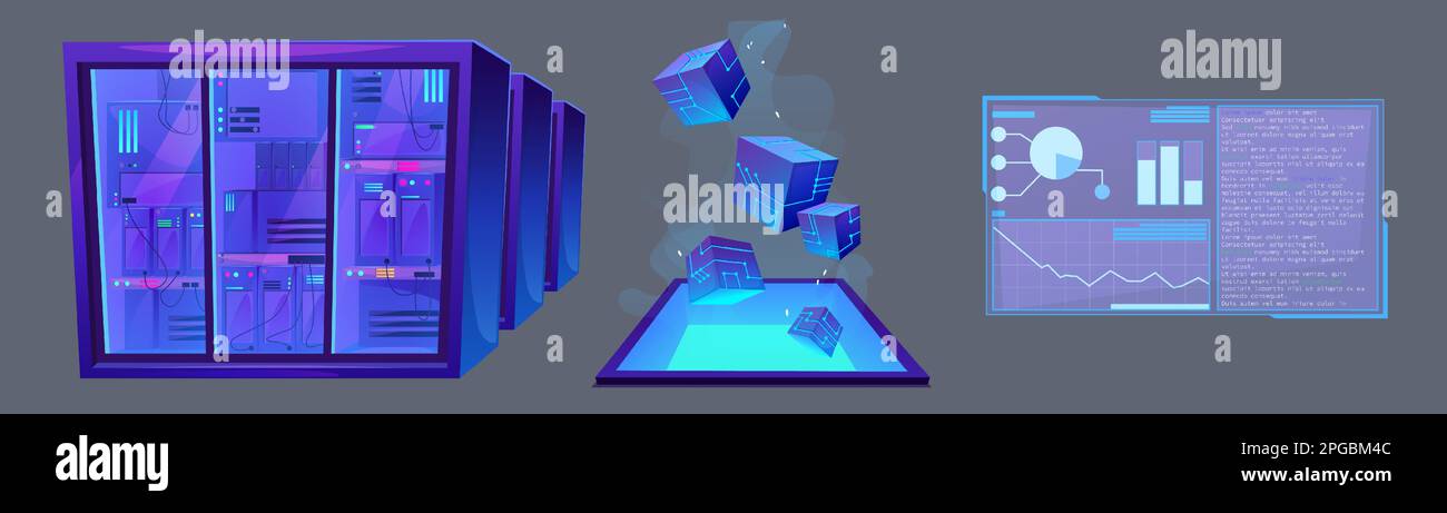 Digital data analysis dashboard, computer server room set. Database ...