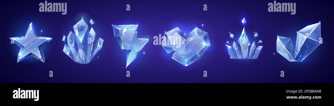 Crystal game crown, heart and star vector icon set. Isolated magic gem ...