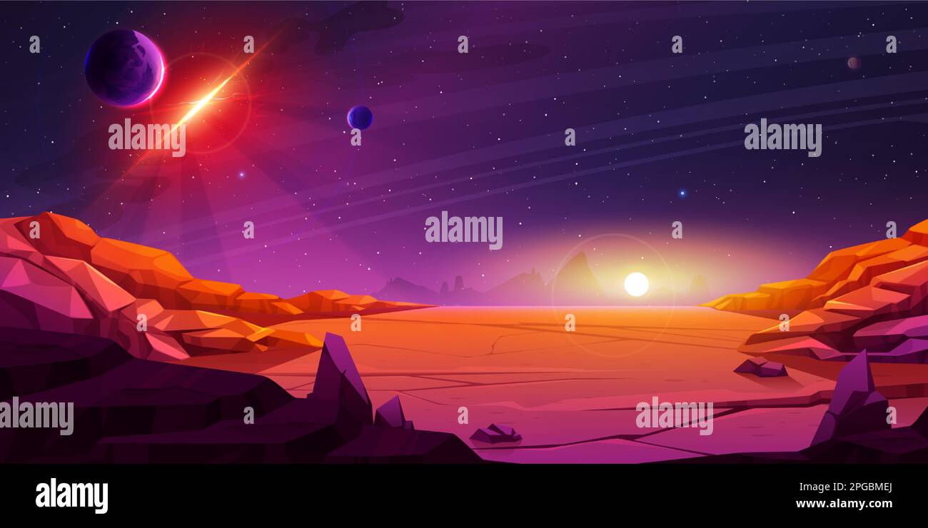 Mars landscape with red desert surface and rocky mountains. Vector ...