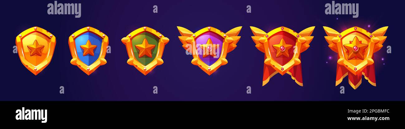 Gold ranking achievement badges for game. Award icons of golden shields ...