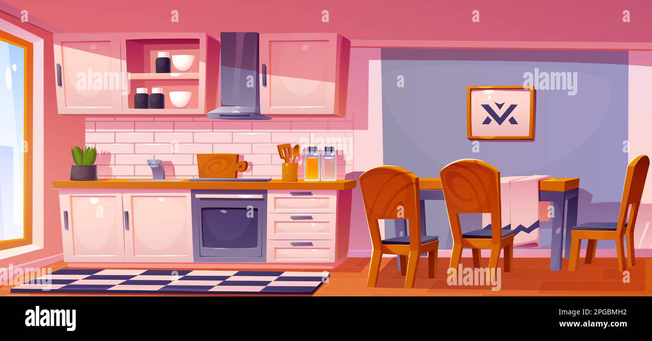 Cartoon kitchen interior with table in vector. House dining room ...