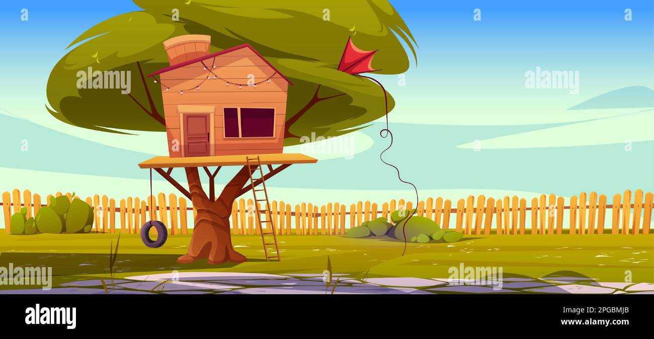 Tree house on backyard lawn with fence cartoon background. Vector ...
