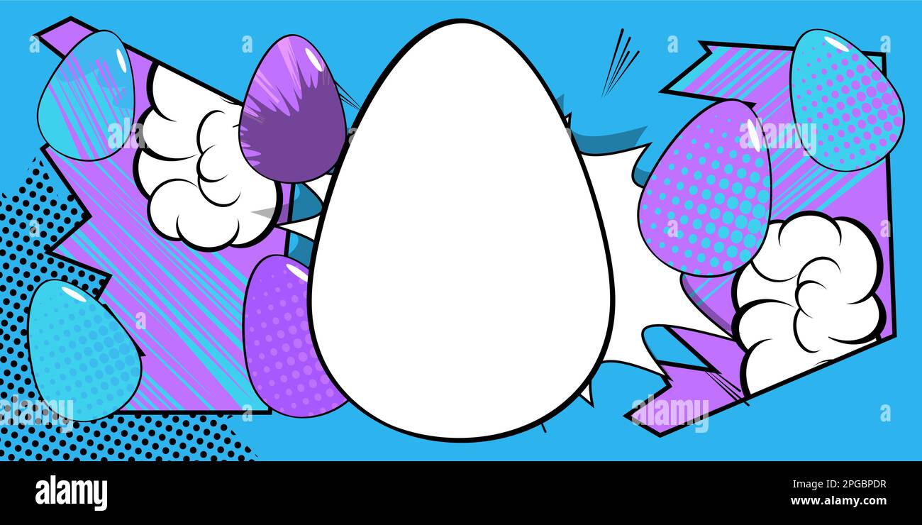 Comic book Easter banner with blank Egg on blue and violet background ...
