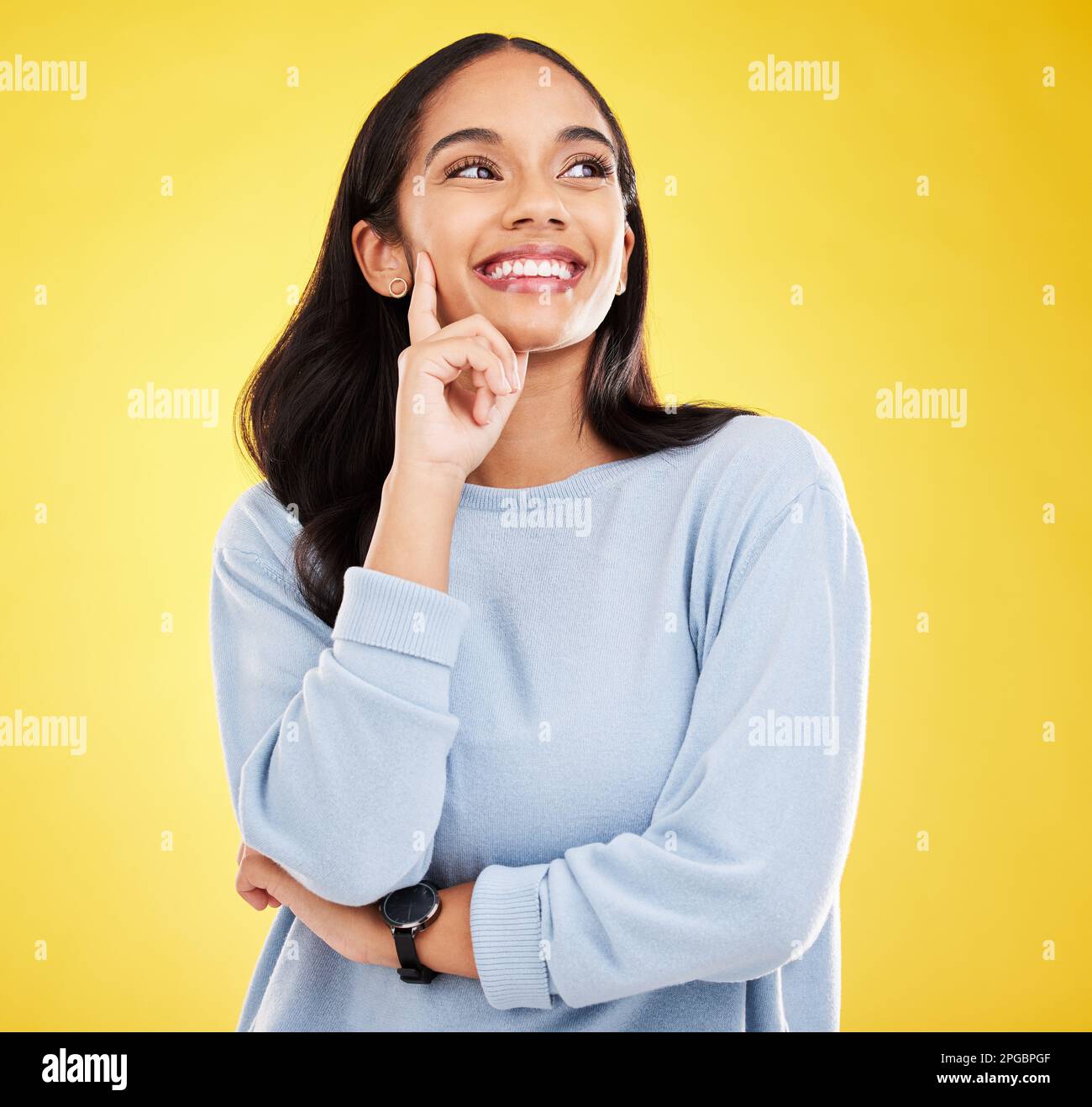 Yellow background, thinking and face of woman with smile for ...