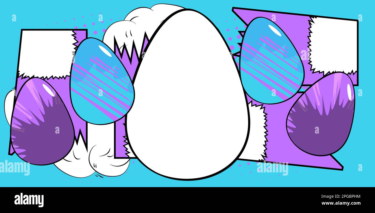 Comic book Easter banner with blank Egg on blue and violet background. Comics abstract retro pop ...