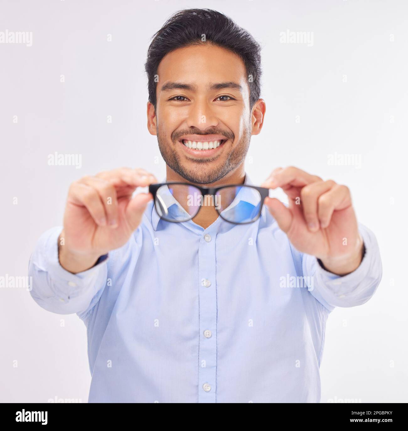 Glasses, vision portrait and man happy in studio for eye care, lens or ...