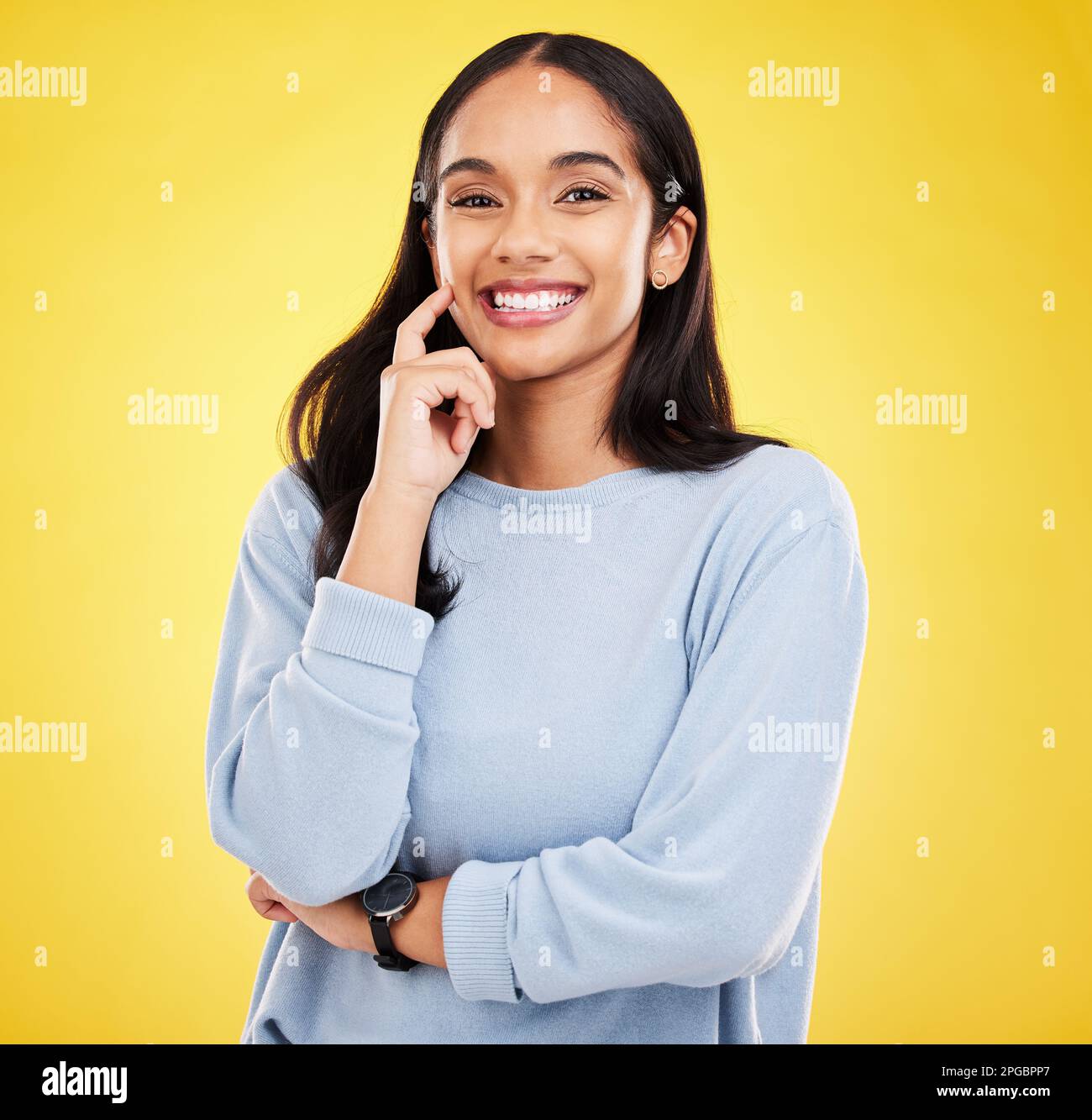 Yellow background, thinking and portrait of woman with smile for ...