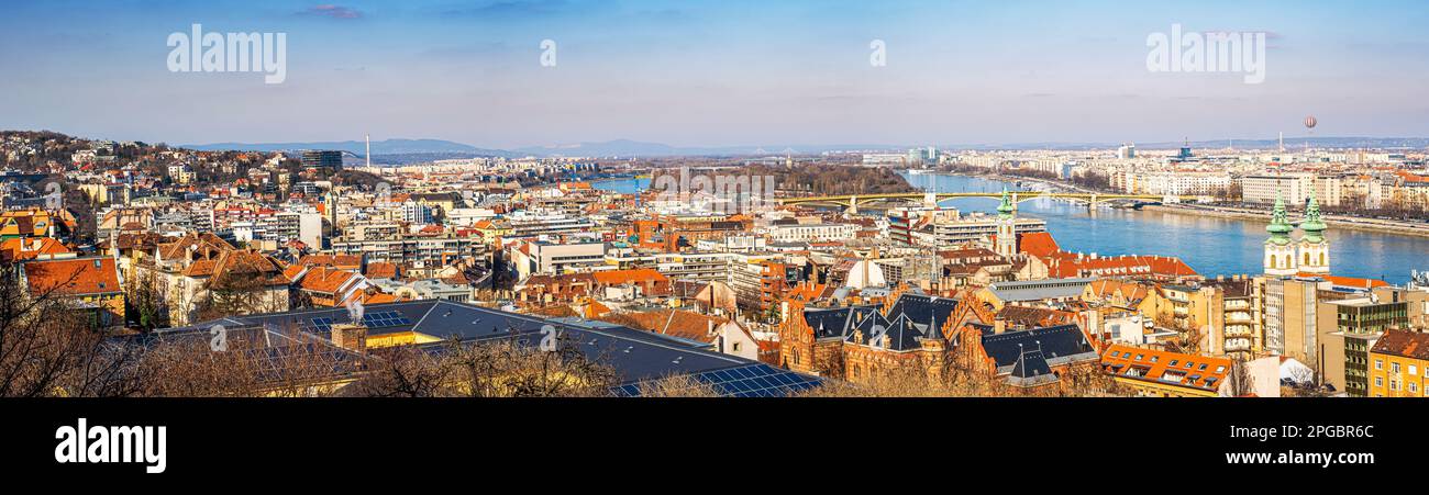 BUDAPEST, HUNGARY March 02, 2023. Panoramic view from above on ...