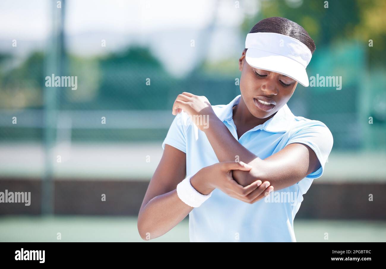 Tennis, woman and elbow injury from sports with pain, first aid ...