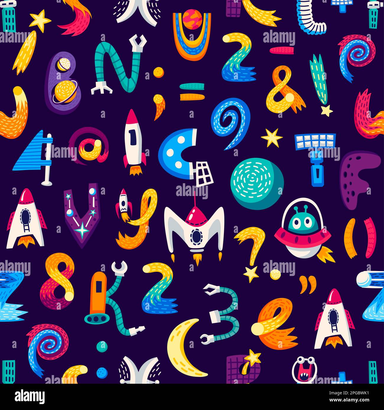 Kids space cartoon letters and numbers seamless pattern. Vector ...