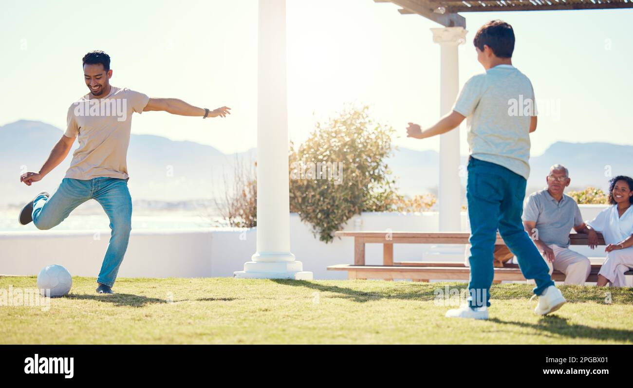 Soccer, kick and father and son in home garden for learning, bonding or ...