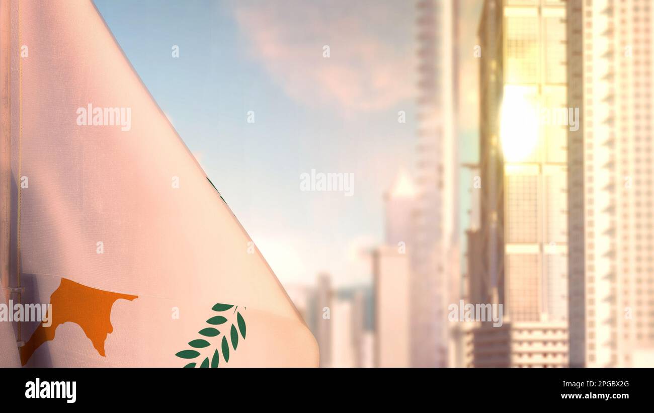 flag of Cyprus on city skyscrapers buildings vanilla sunset bg for ...