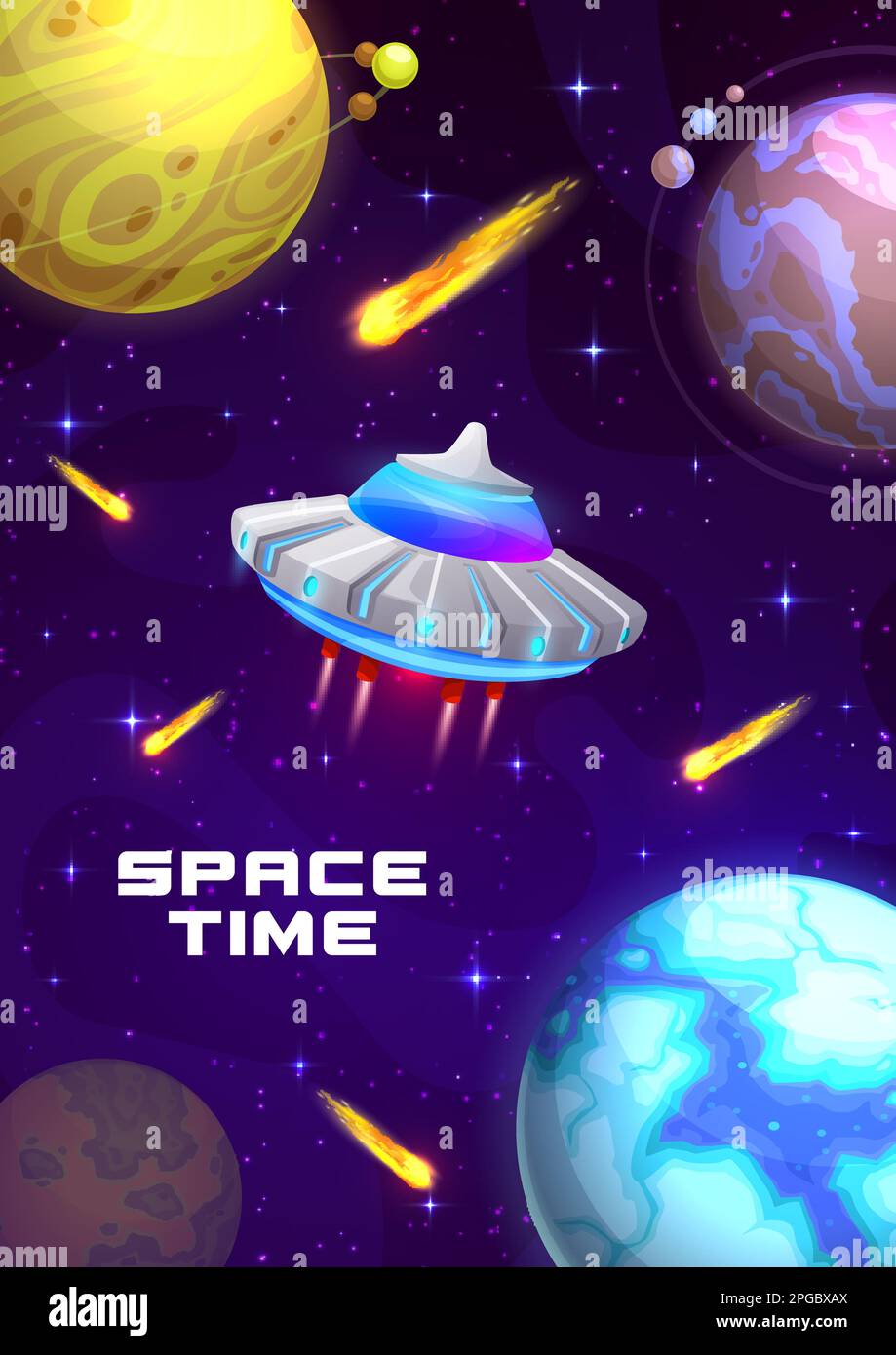 Cartoon galaxy space poster with alien UFO and planets in sky, vector ...