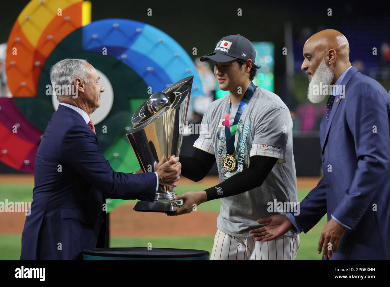 Japan's Shohei Ohtani receives a trophy after winning the World Baseball Classic (WBC) final ...