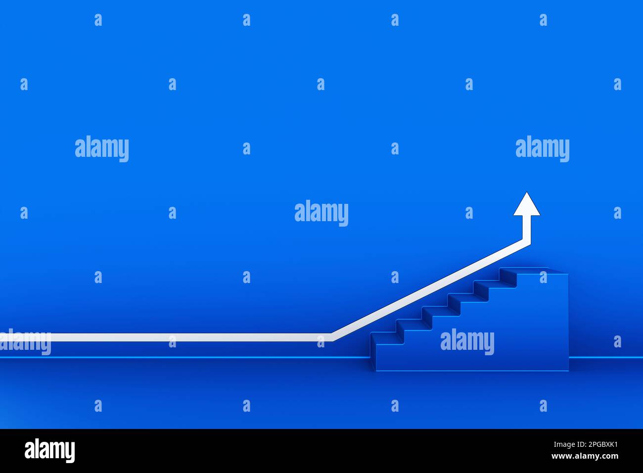 White arrow up with blue stair on blue metal wall, 3D arrow climbing up ...