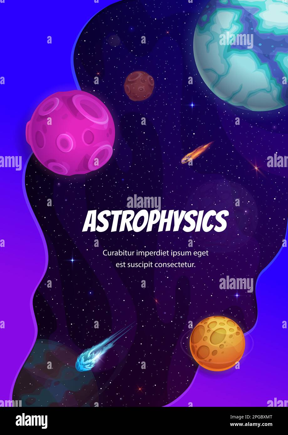 Astrophysics poster with starry galaxy and planets in space, vector ...