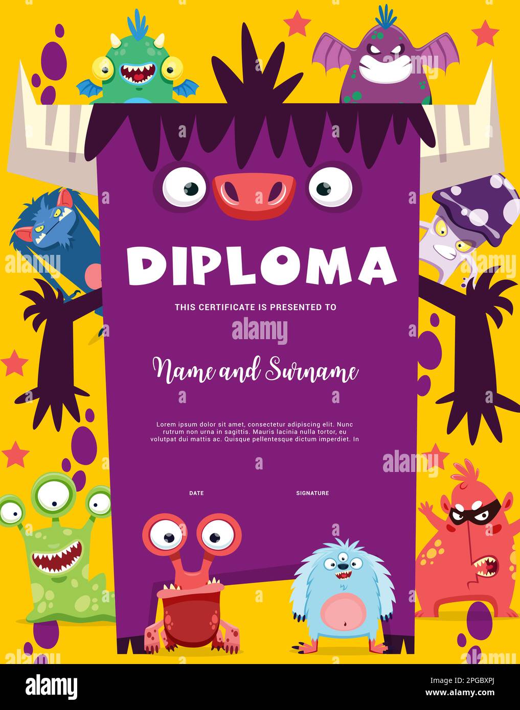Kids diploma with cartoon funny monsters and creature characters ...