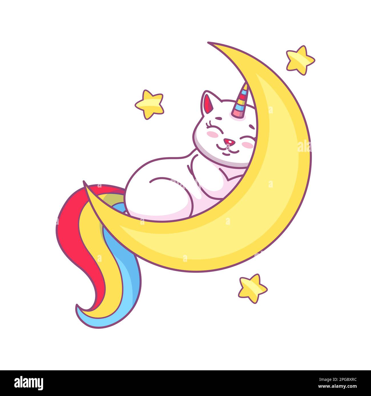 Cute cartoon caticorn character sleeping on moon. Fairy creature, magic ...