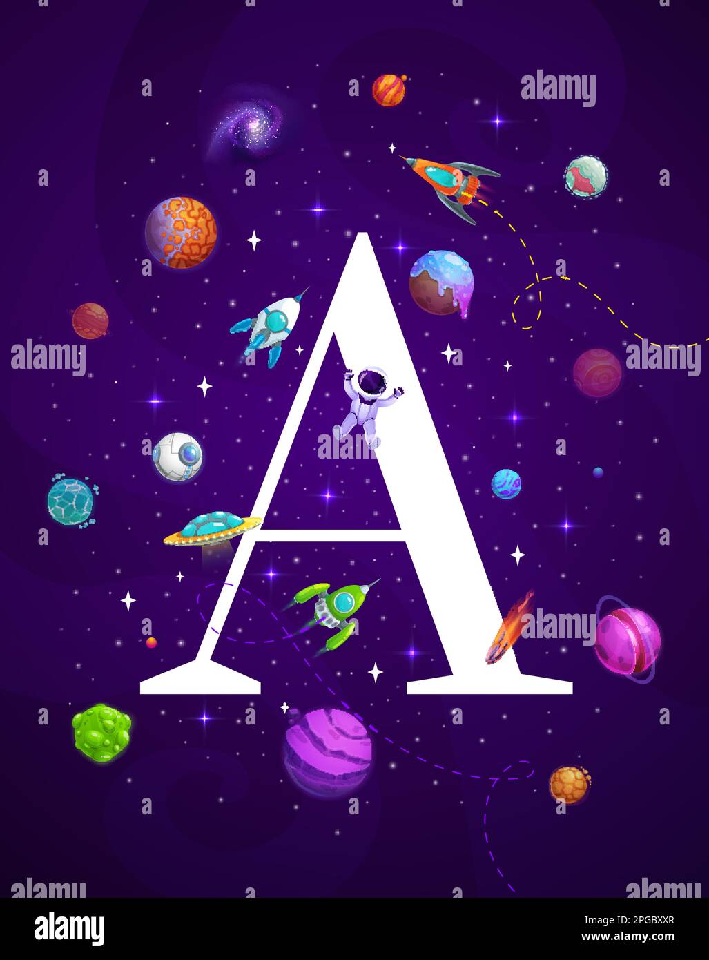 Cartoon space letter A. Vector uppercase sign in galaxy with astronaut ...