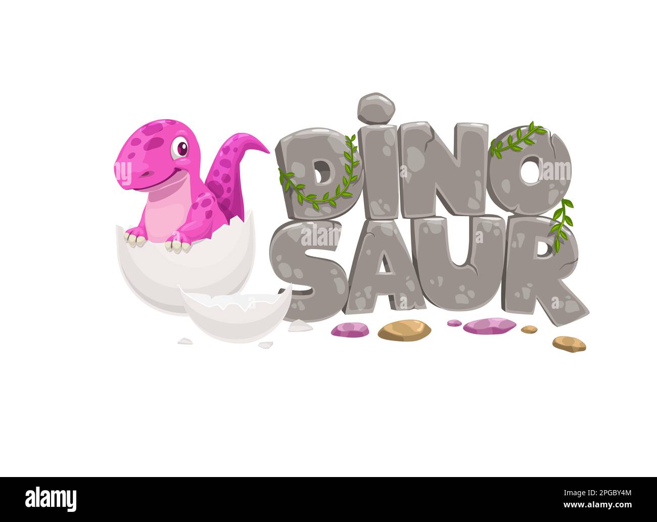 Cartoon funny dinosaur character and dino egg. Isolated vector pink ...