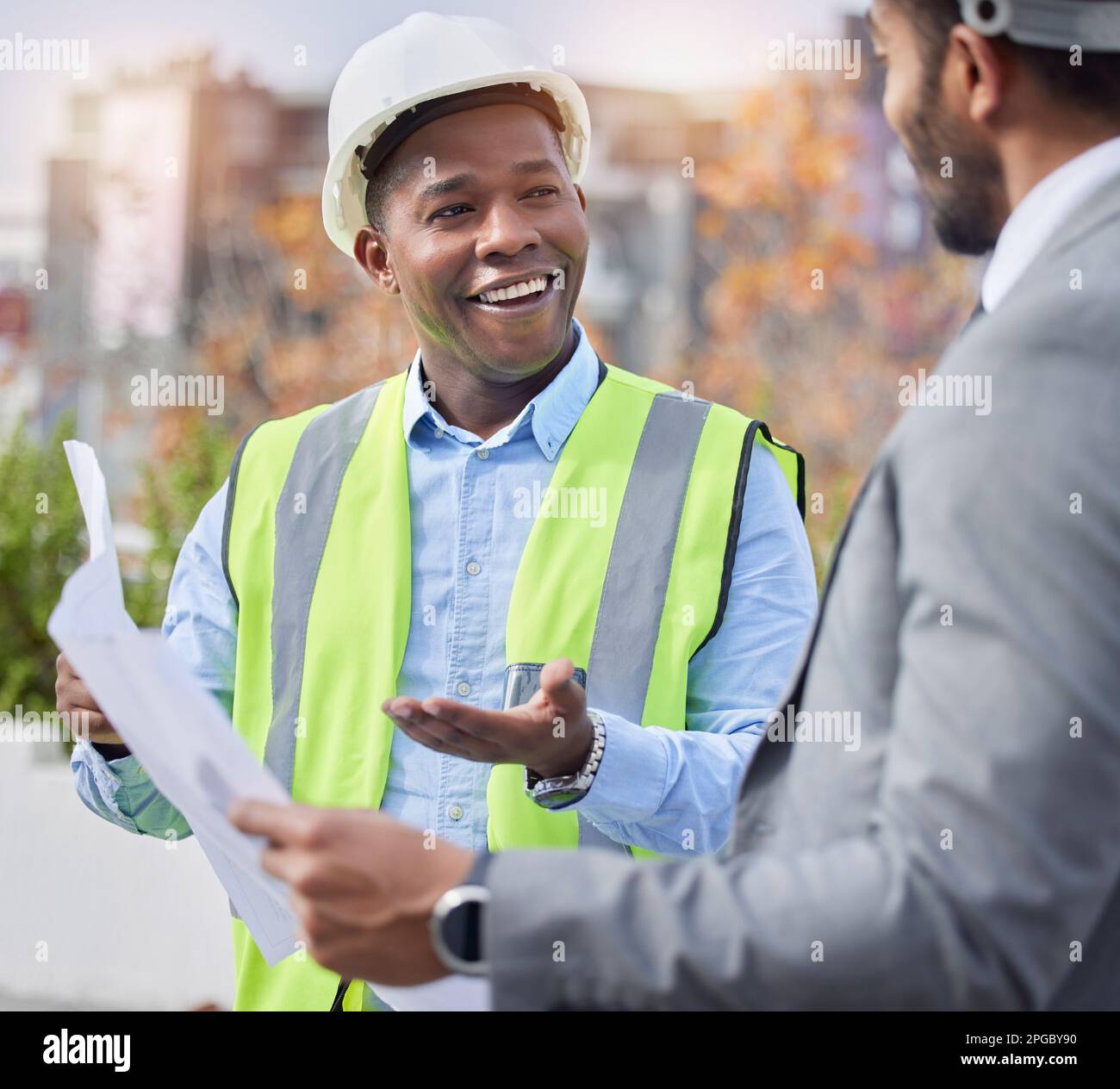 Engineer, men outdoor and blueprints for planning, happiness and real ...