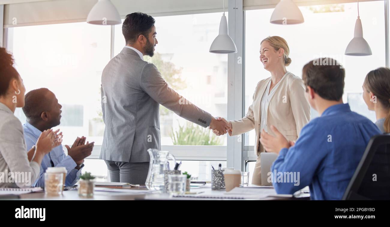 Business team, handshake and people in meeting for deal, b2b collaboration and congratulations ...