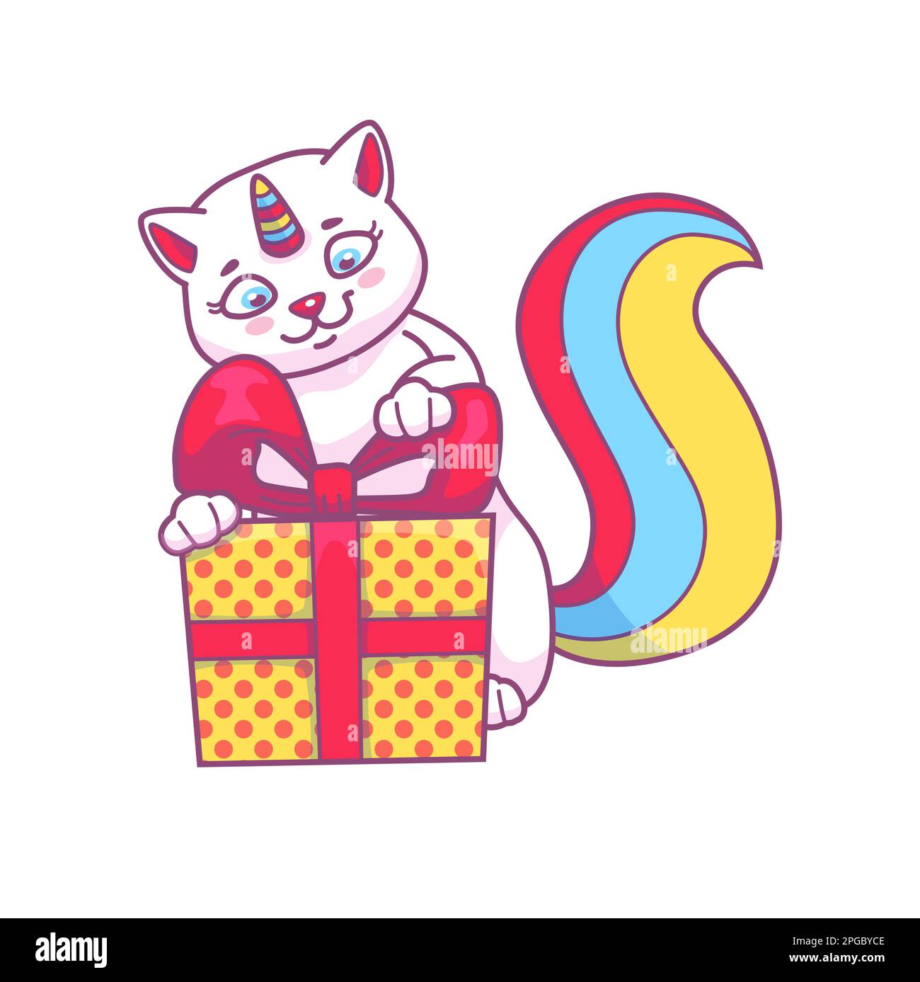 Cute cartoon caticorn character with gift box, funny cat unicorn ...