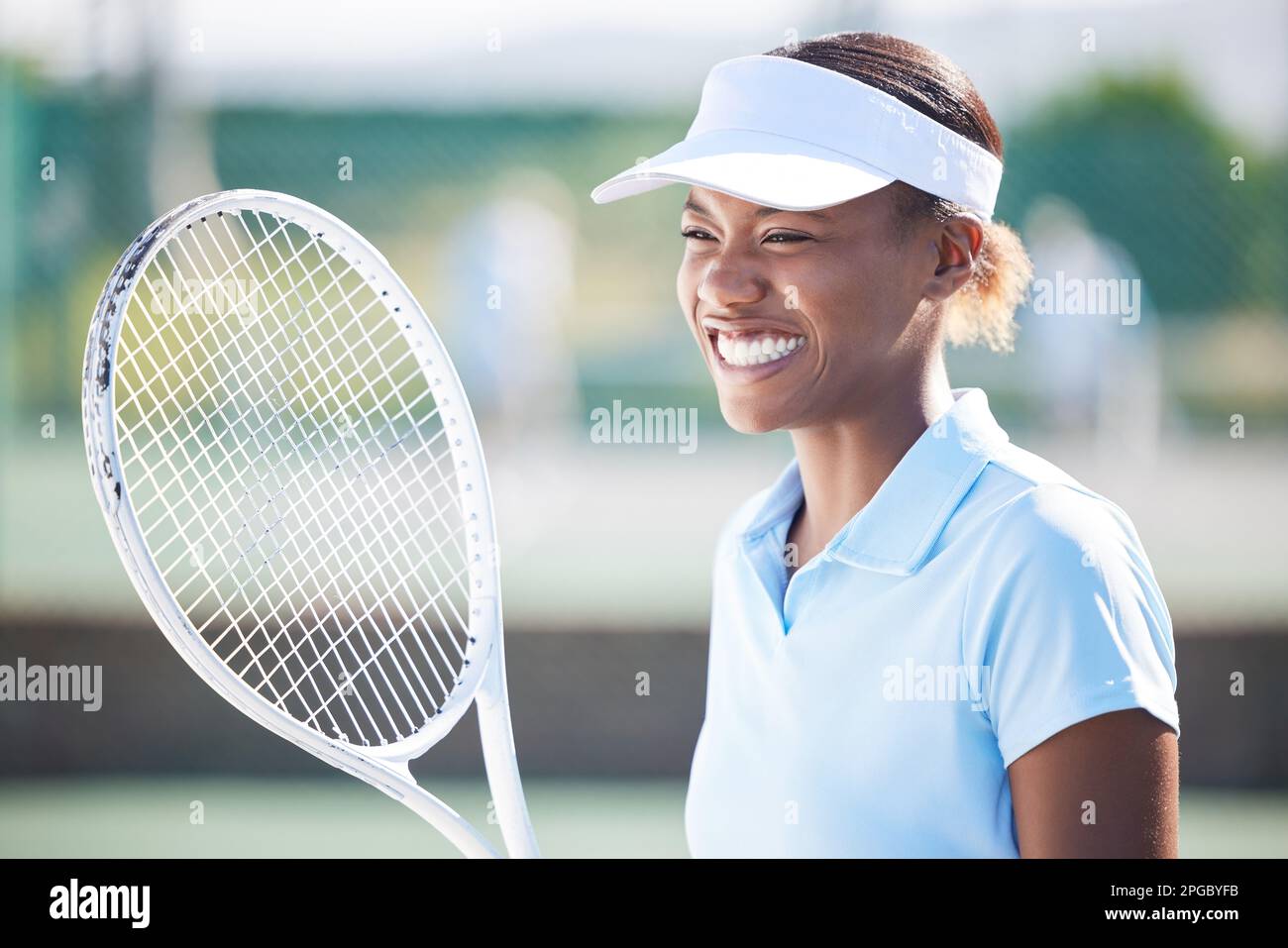 Winner, tennis and smile of black woman on court after winning match ...